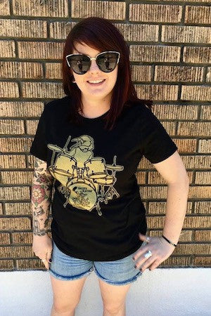 Salty Raven Drummer T-Shirt - Women's Gold on Black